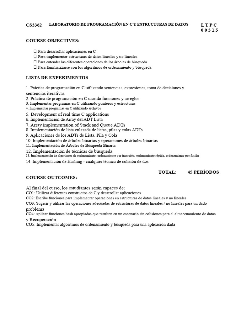 CS3362 Laboratorio de Programación en C y Estructuras de Datos | PDF