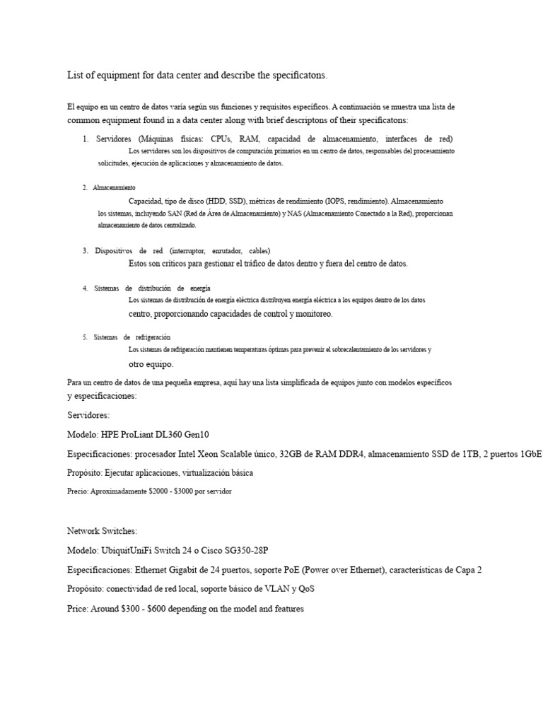 Lista de Equipos para Un Centro de Datos y Describa Las ...