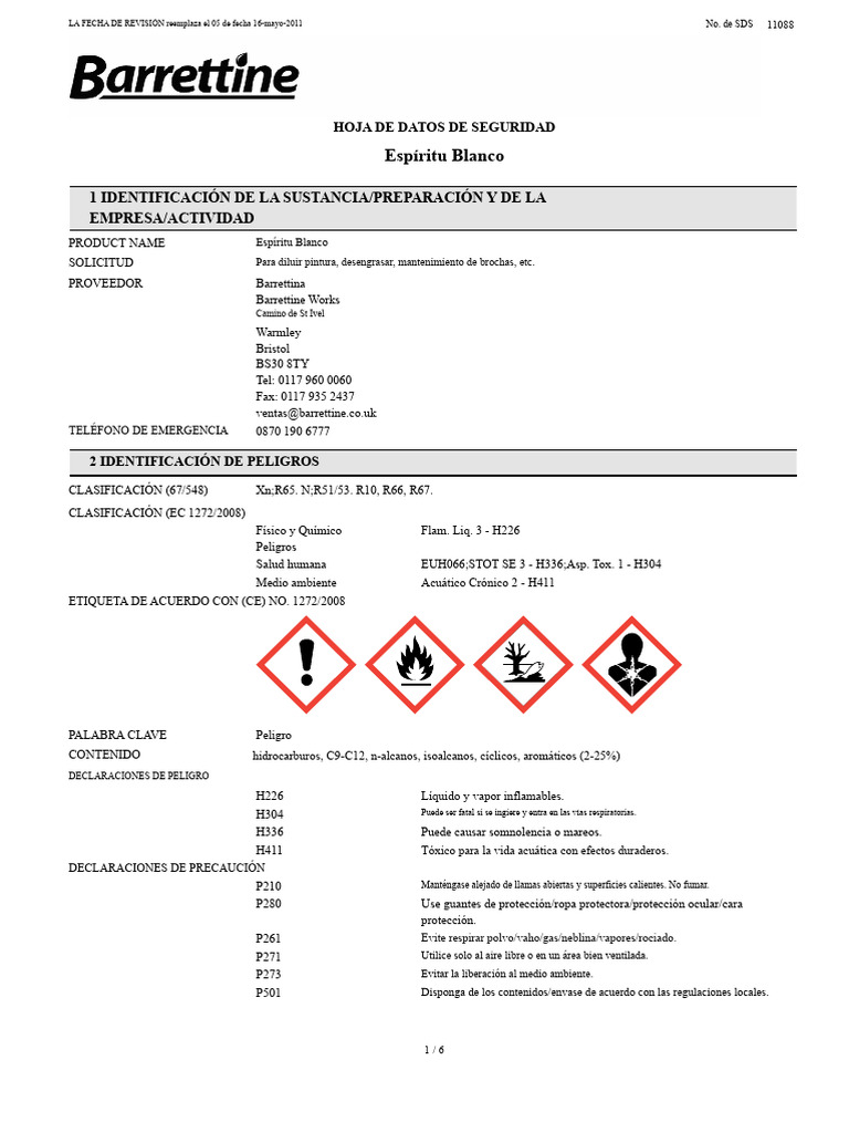 Ficha de Datos de Seguridad Espírito Blanco | PDF | Agua | Dióxido de ...