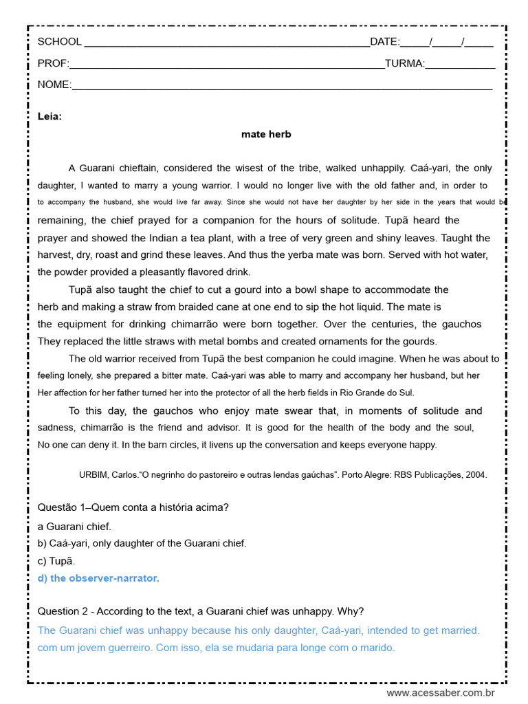 Interpretation of Text - Legend of Chimarrão - 7th Grade - Answers.pdf ...