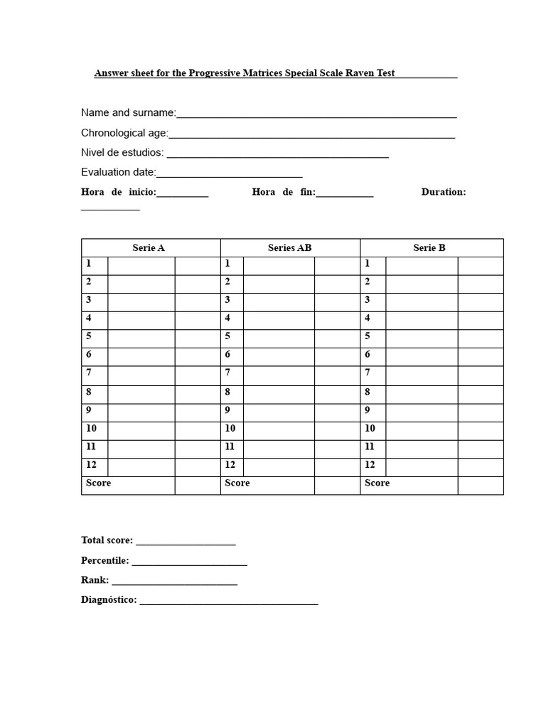 Answer Sheet For The Special Scale Raven Progressive Matrices Test | PDF