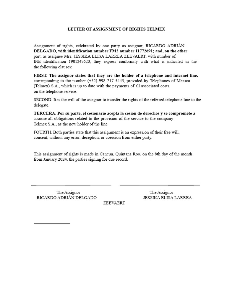 Assignment of Rights Telmex B801 | PDF