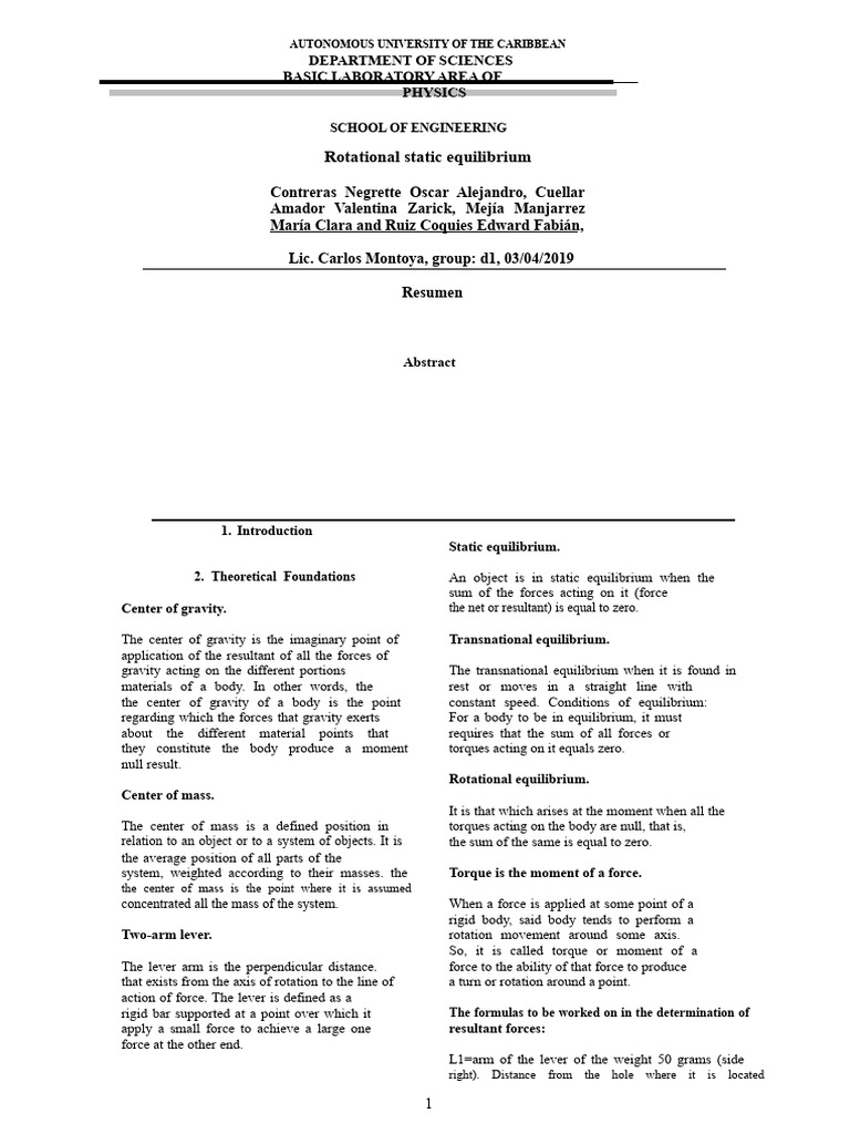 Rotational static equilibrium report | PDF | Force | Torque