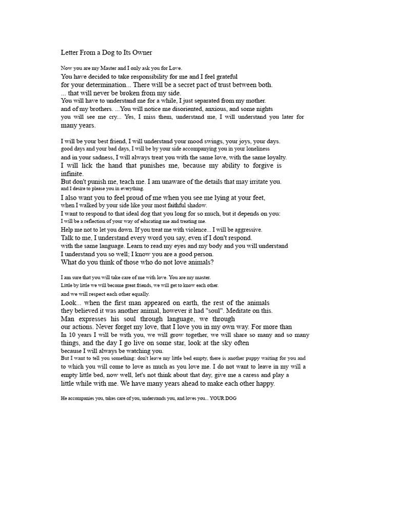 Letter From A Dog To Its Owner | PDF | Love
