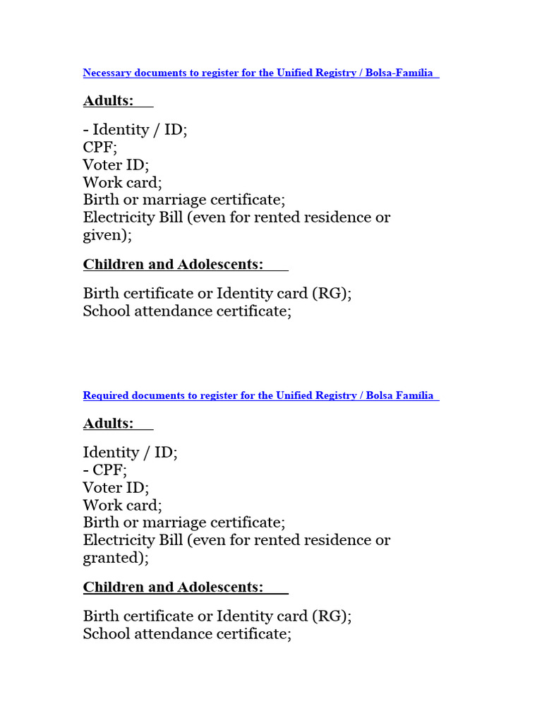 Necessary Documents To Register For The Unified Registry | PDF