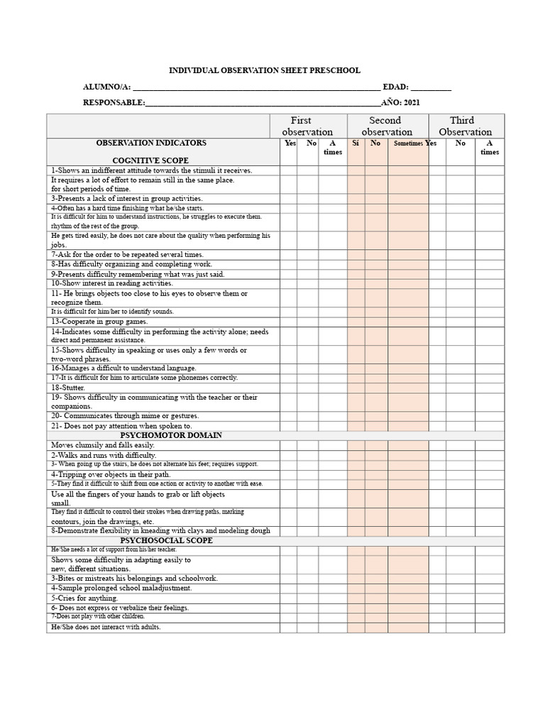 Preschool Individual Observation Sheet | PDF | Learning | Behavioural ...