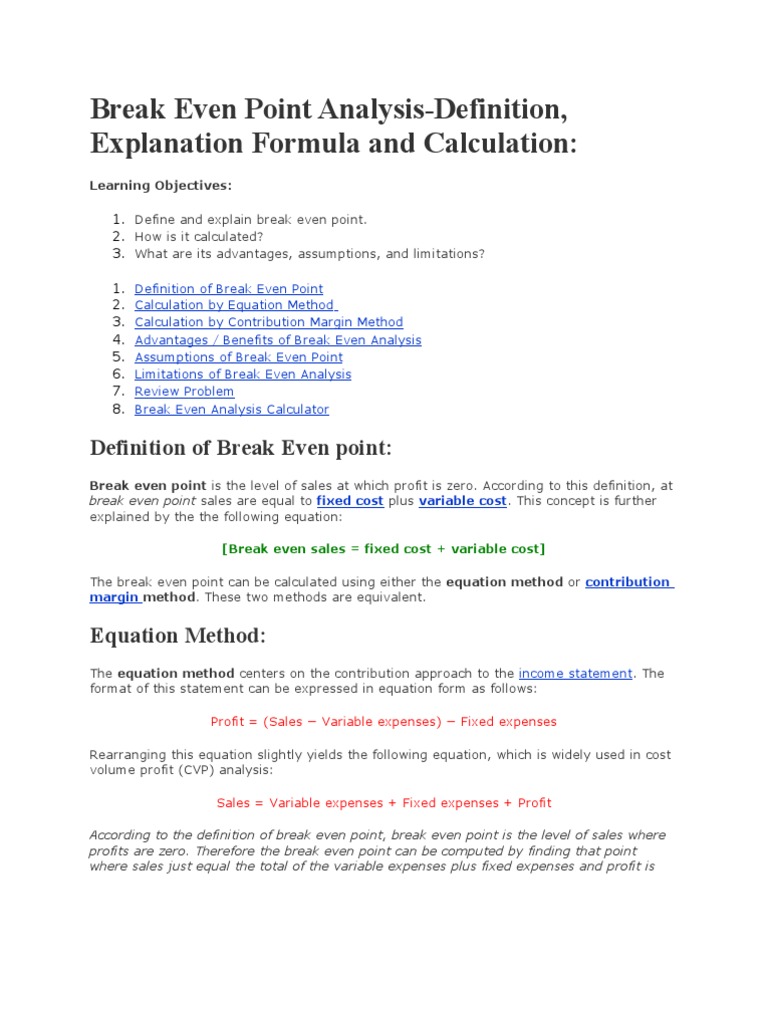 Break Even Point Analysis | PDF | Business Economics | Economics
