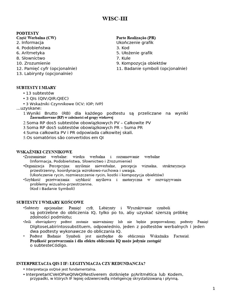 Notatki Apca - Wisc-III | PDF