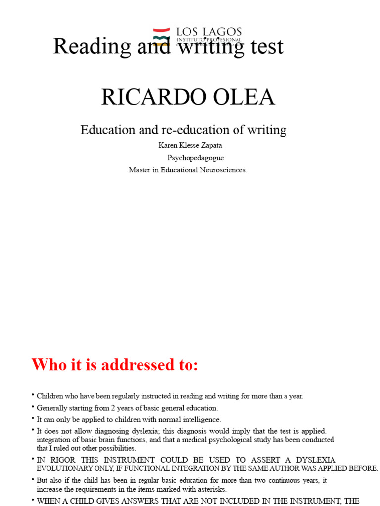 Reading and writing test Ricardo Olea | PDF | Syllable | Literacy