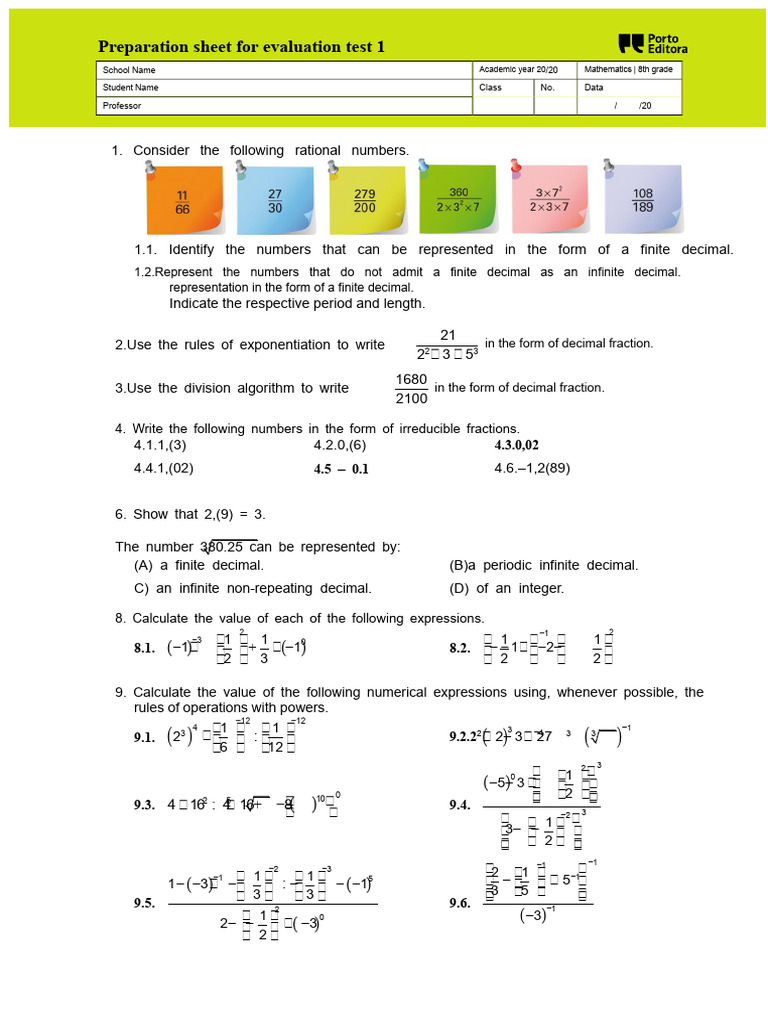 8th Grade Math Test - Rational Numbers | PDF | Numbers | Decimal