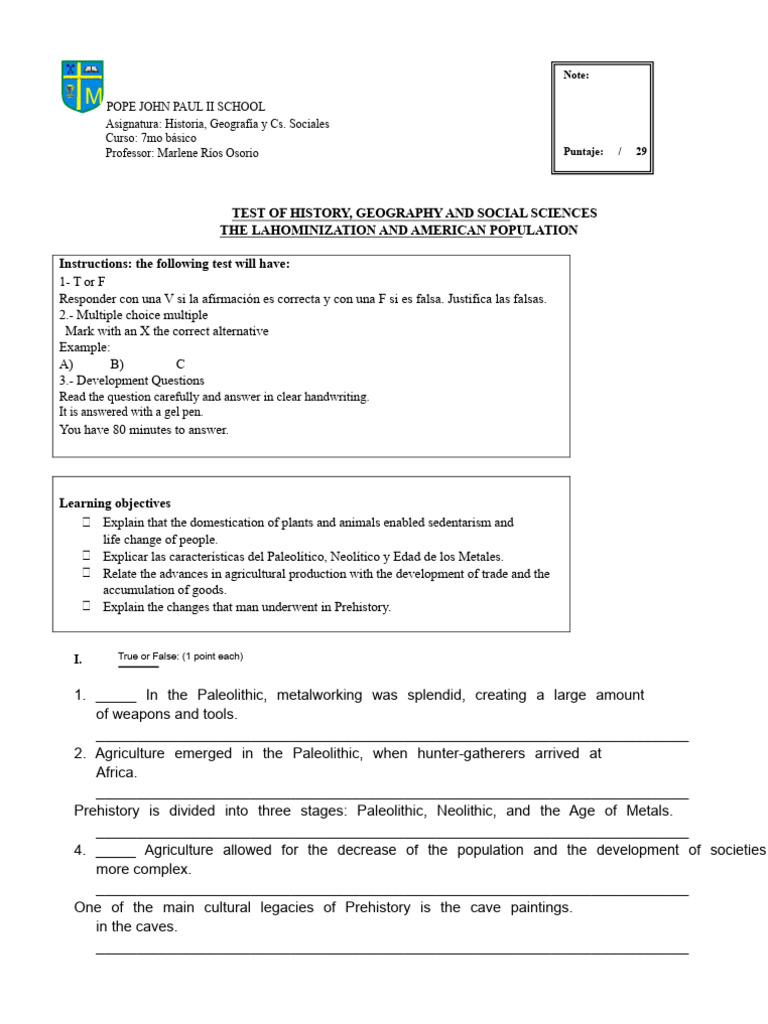 History Test: Prehistory Concepts | PDF | Paleolithic | Neolithic