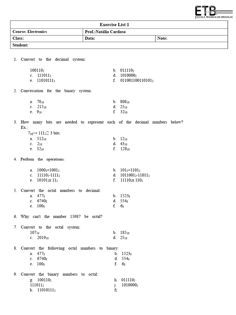Exercise List 1 - Decimal, Binary, Octal | PDF