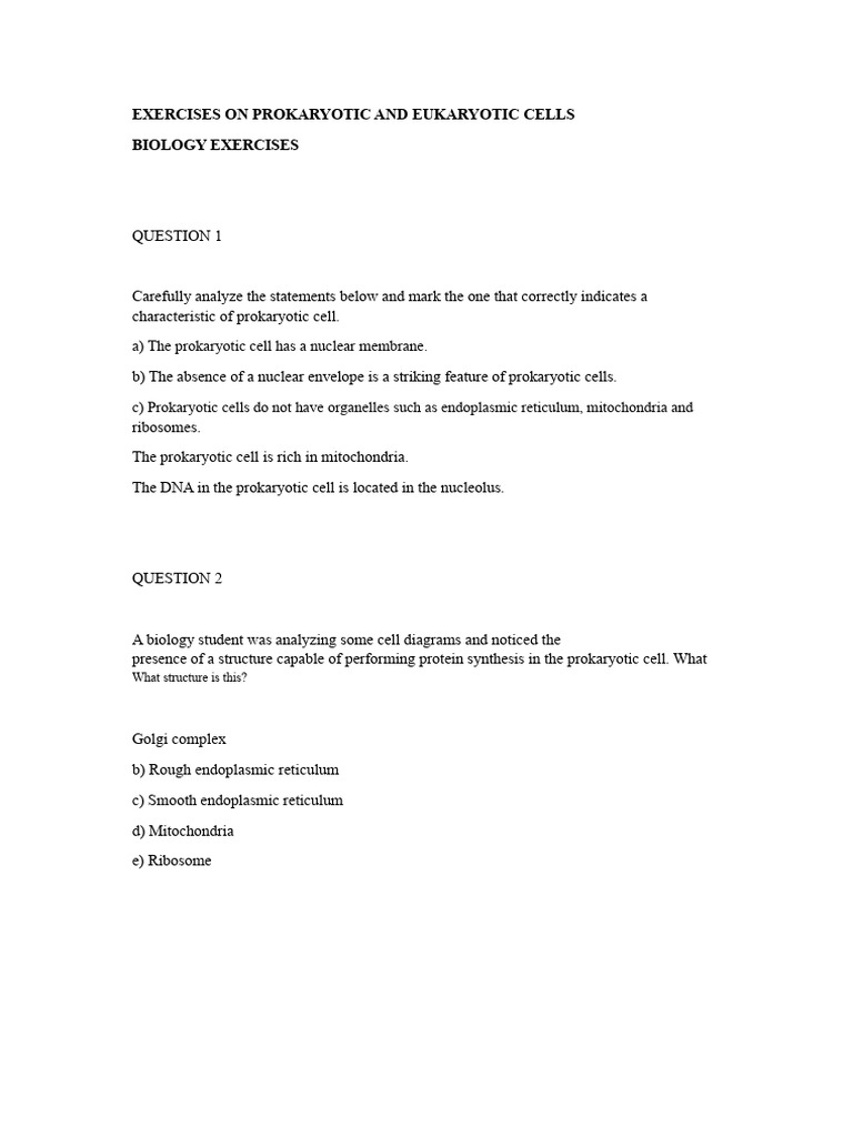 Exercises On Prokaryotic and Eukaryotic Cells | PDF | Cell (Biology ...
