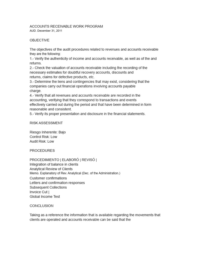 Accounts Receivable Work Program | PDF | Audit | Internal Control