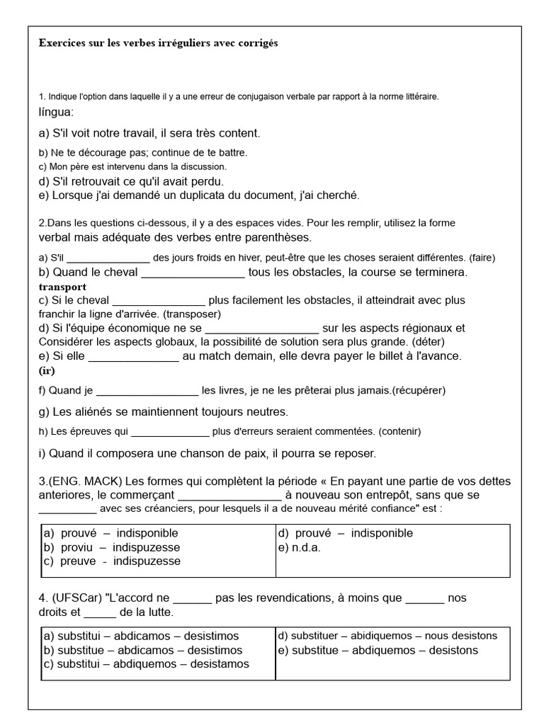 Exercices Sur Les Verbes Irréguliers Avec Corrigé | PDF | Verbe