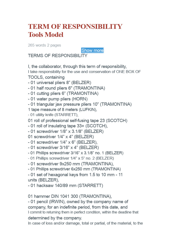 Responsibility Term Tools Model | PDF