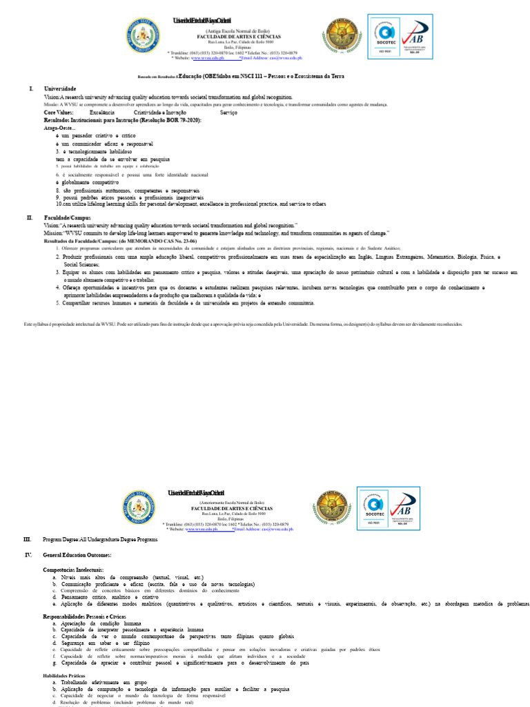 Syllabus NSCI 111: Pessoas e Ecossistema | PDF | Biodiversidade ...