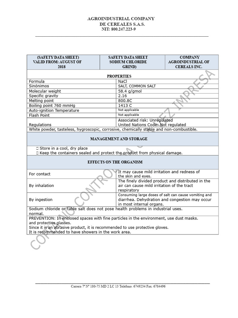 Sodium Chloride Safety Data Sheet | PDF | Sodium Chloride | Salt