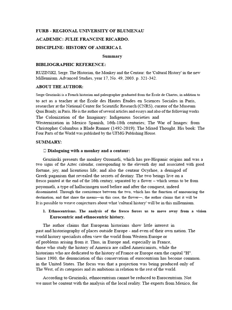 RUZINSKI, Serge. The Historian, The Monkey, and The Centaur: "Cultural ...