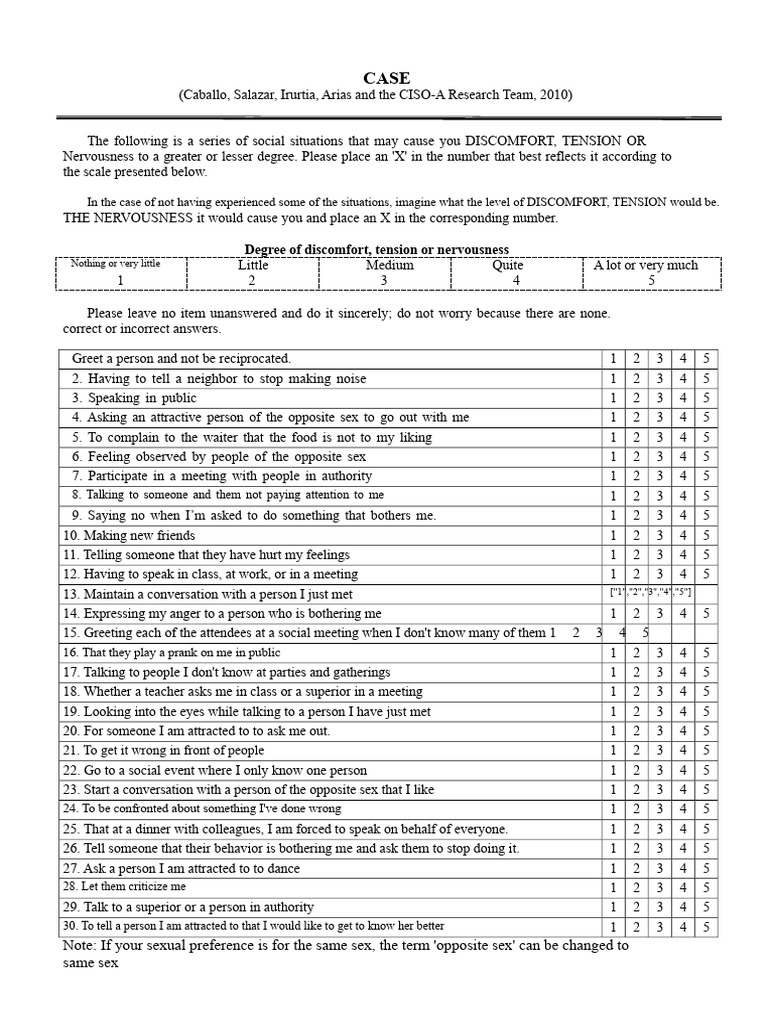 Social Anxiety Test CABALLO AND COLS | PDF | Anxiety | Mind