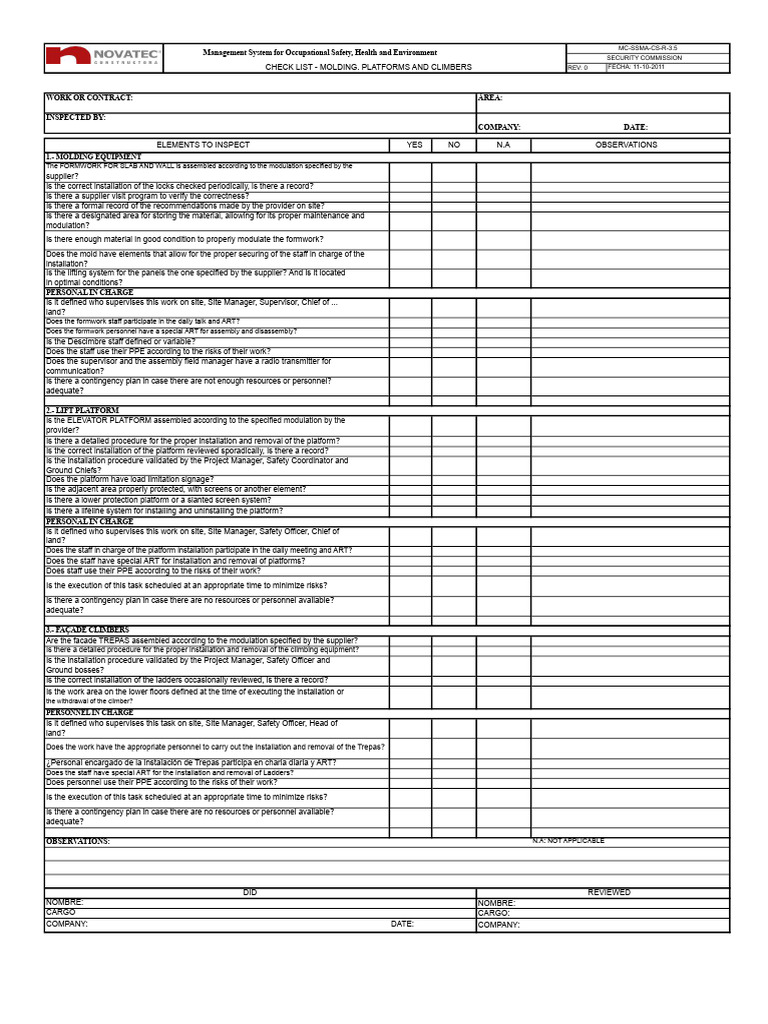 Safety Checklist for Molding & Climbing Equipment | PDF | Safety