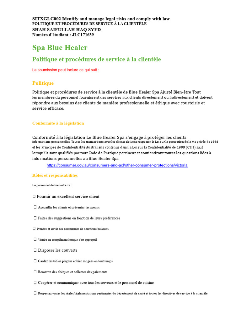 Politique de Service Client au Spa Blue Healer | PDF