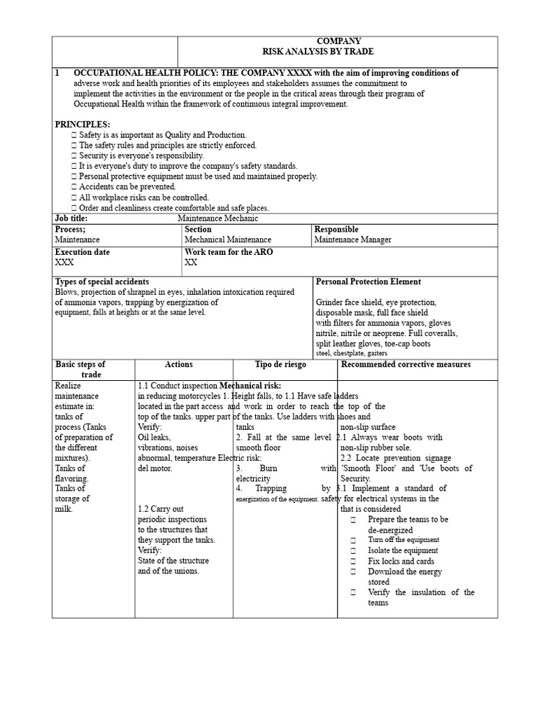 Risk analysis for maintenance work | PDF | Personal Protective ...
