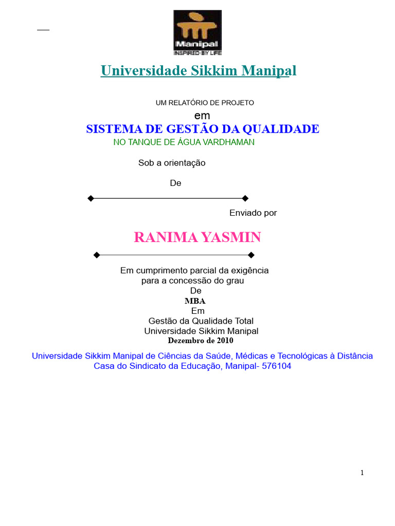 Um Relatório de Projeto sobre o Sistema de Gestão da Qualidade do Tanque de Água de Bardhaman ...