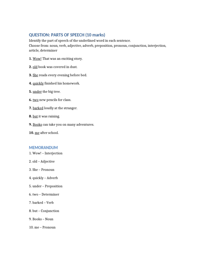 Parts of Speech Identification Quiz | PDF