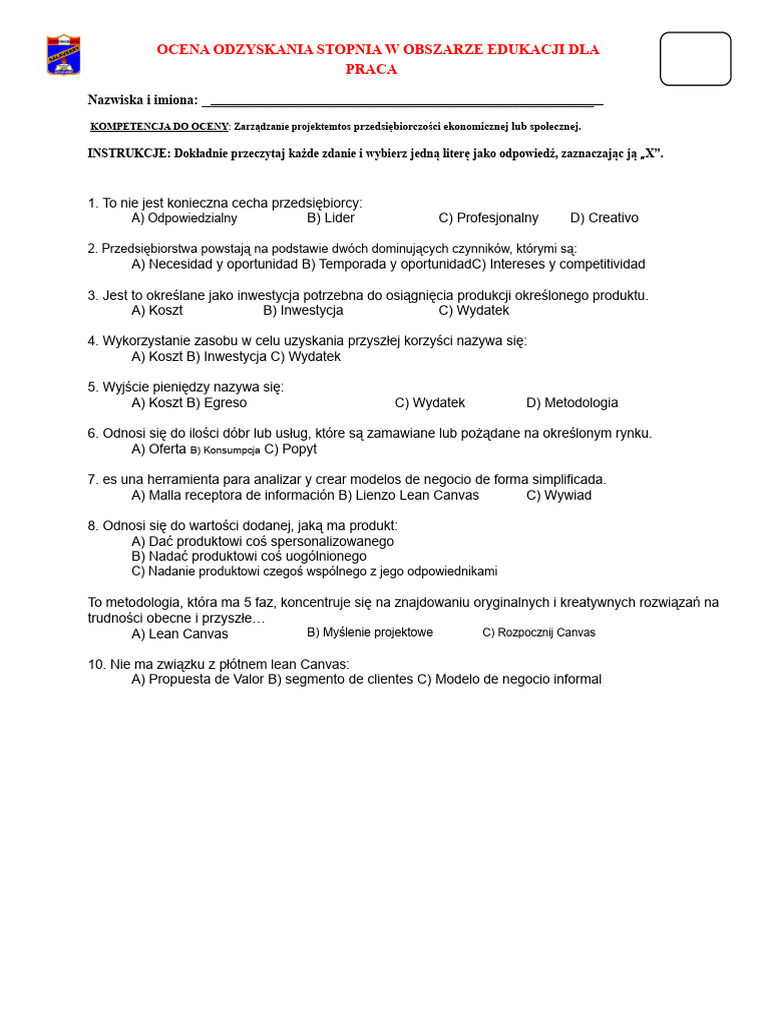 Ocena przedsiębiorczości EPT - 4. klasa szkoły średniej | PDF