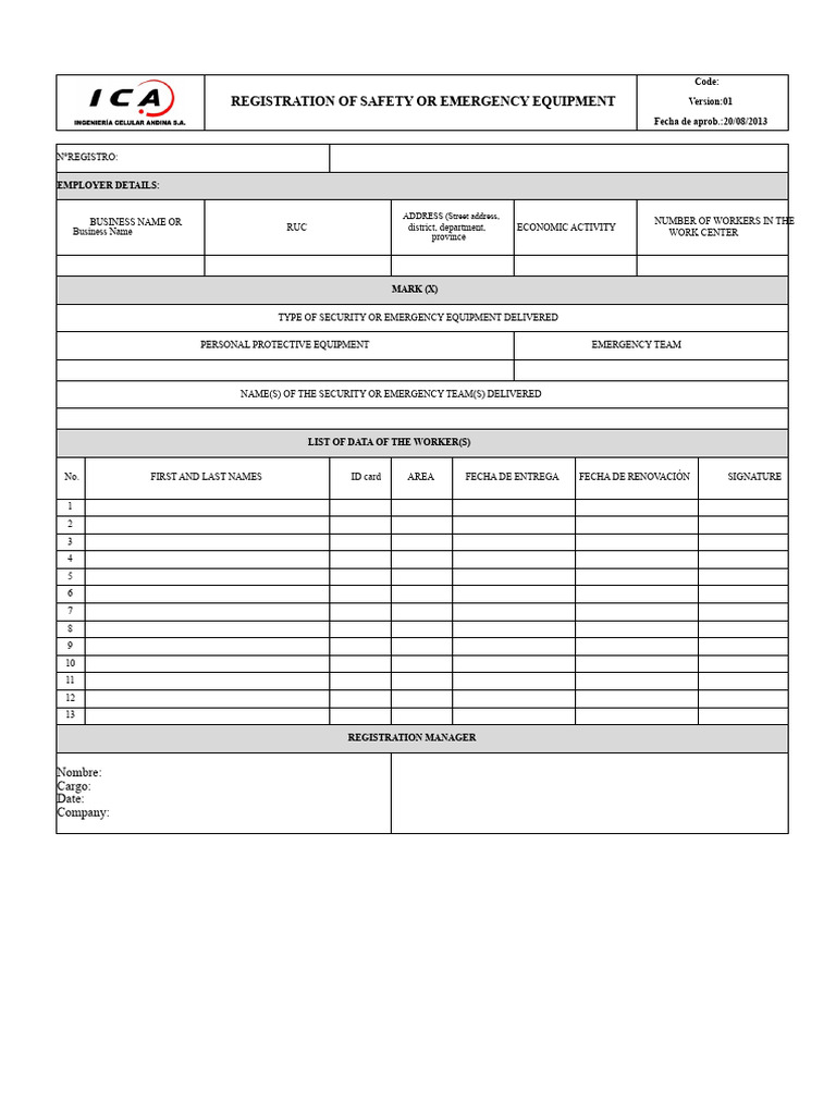 SIG - ICA - F.19 Registration of Safety or Emergency Equipment | PDF