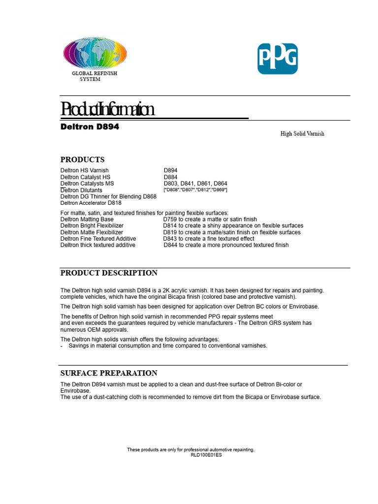 Deltron D894 High Solid Varnish Guide | PDF | Varnish | Fiberglass