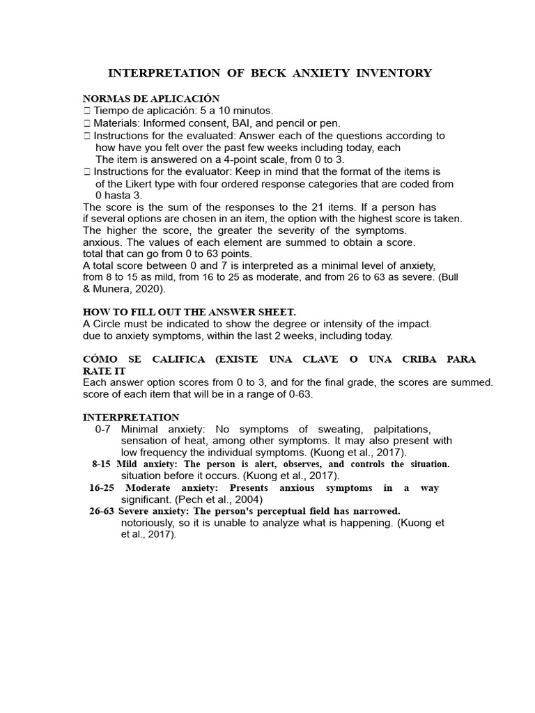 Beck Anxiety Inventory Interpretation Guide | PDF