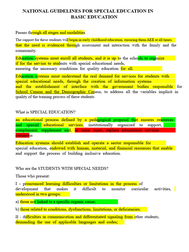 National Guidelines For Special Education in Basic Education - Summary | PDF | Special Education ...