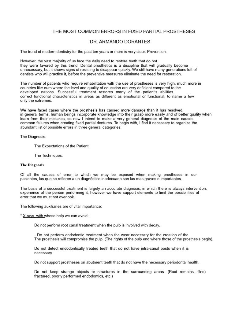 Common Errors in Fixed Partial Prostheses | PDF | Dental Implant ...