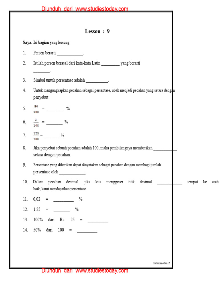 Lembar Kerja Matematika Kelas 5 CBSE - Persentase - Salin (2).pdf | PDF
