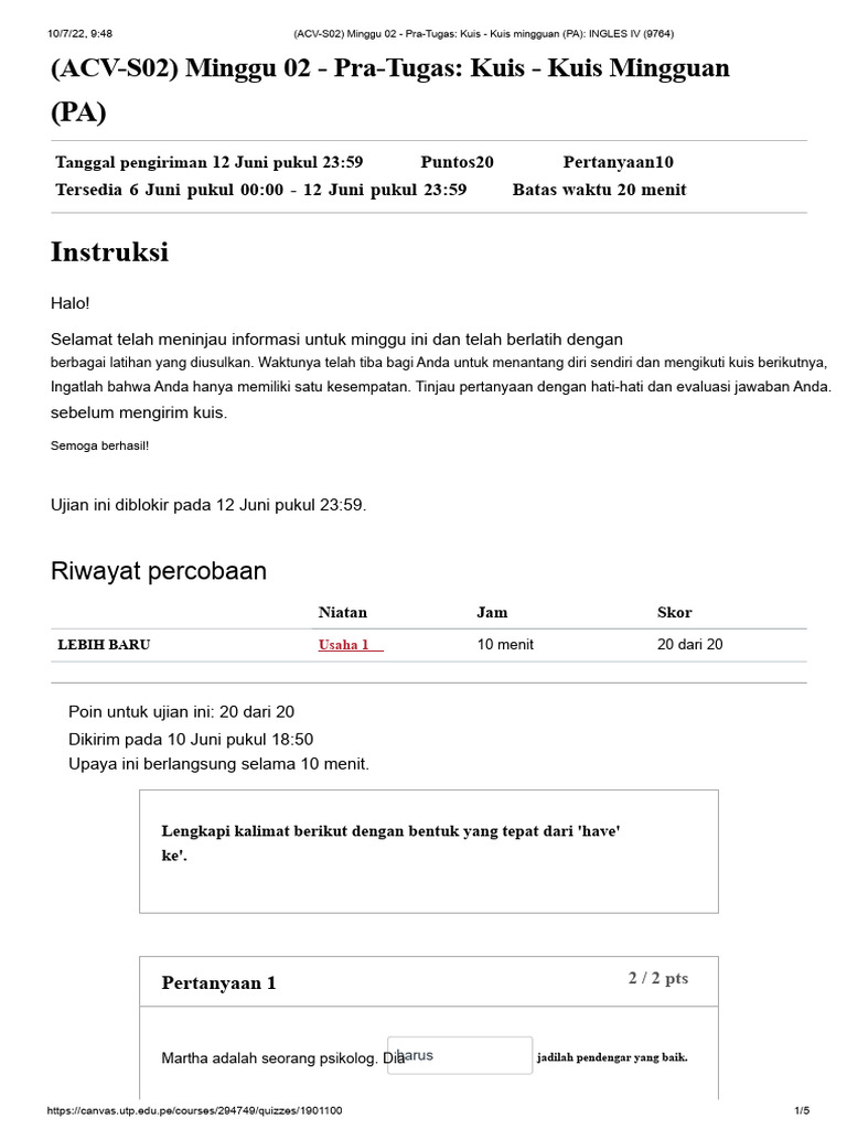 (ACV-S02) Minggu 02 - Pra-Tugas - Kuis - Kuis Mingguan (PA) - INGLES IV ...