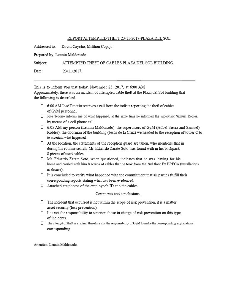 REPORT On Attempted Theft | PDF