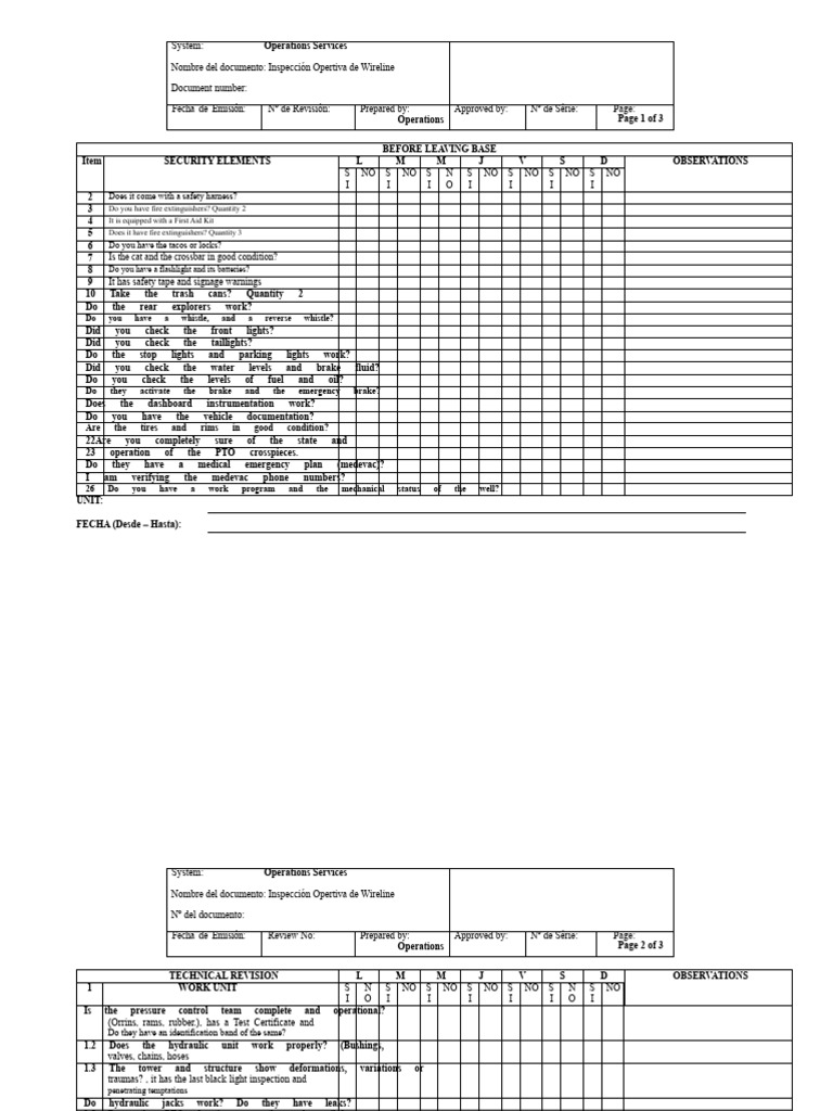 Wireline Operational Inspection Checklist | PDF | Vehicles ...