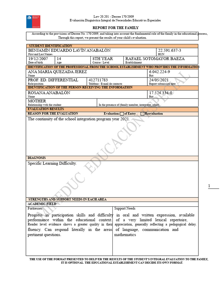 REPORT FOR THE FAMILY Example | PDF | Learning | Human Communication