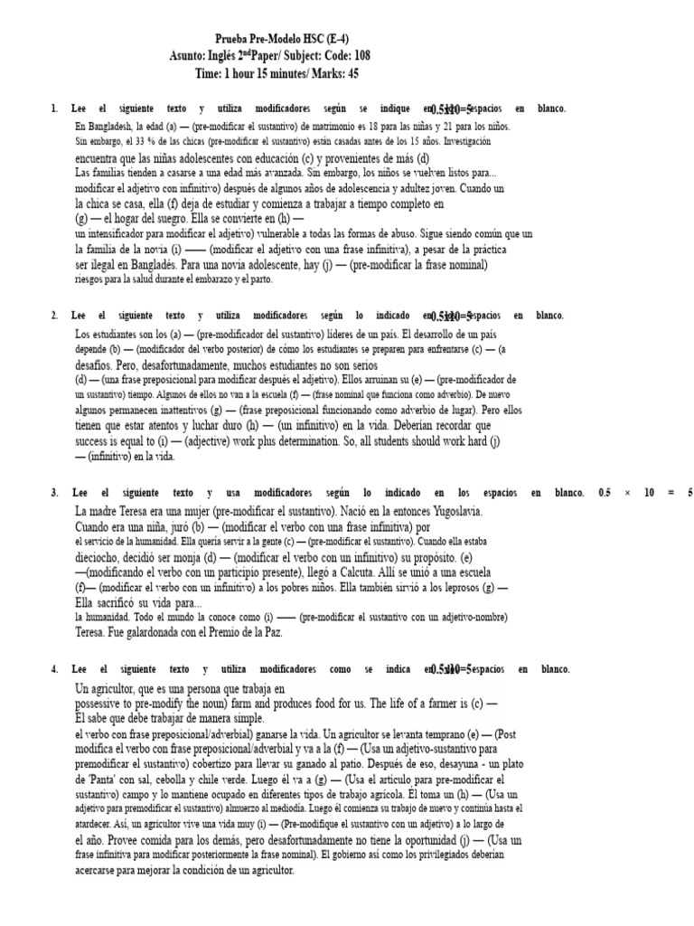 Prueba Pre-Modelo HSC 2020 (E-4) | PDF | Adverbio | Adjetivo