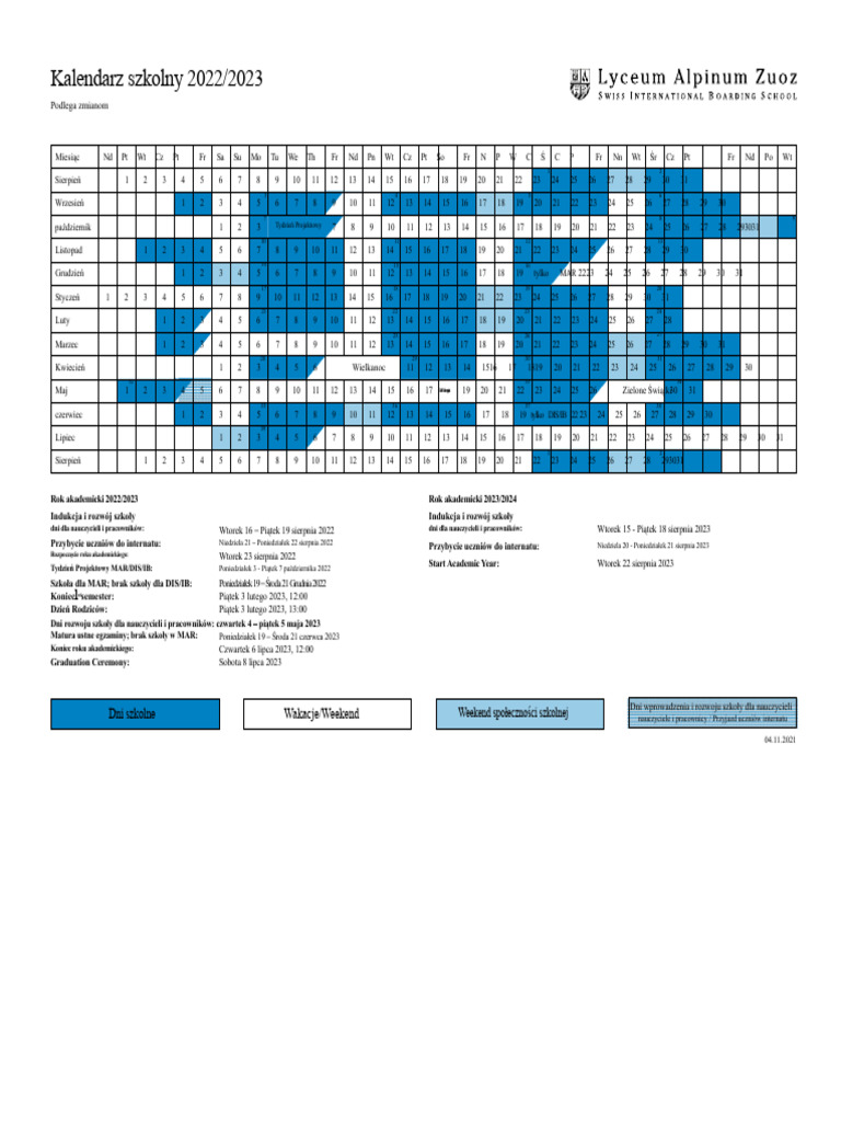 Kalendarium Szkoły Lyceum Alpinum 2022 23 | PDF