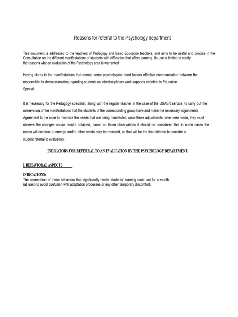 Indicators for Psychology Referrals in Education | PDF | Attention ...