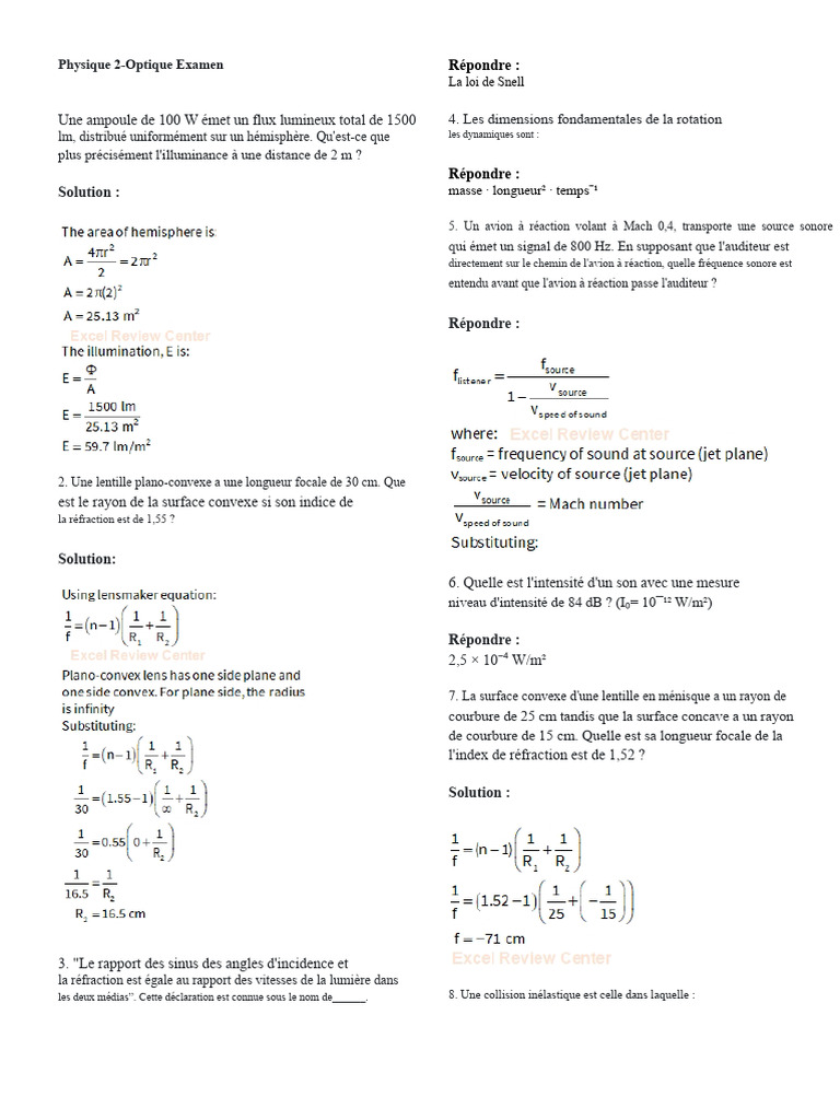 Examen de Physique 2 : Optique et Son | PDF | Réfraction | Indice de ...