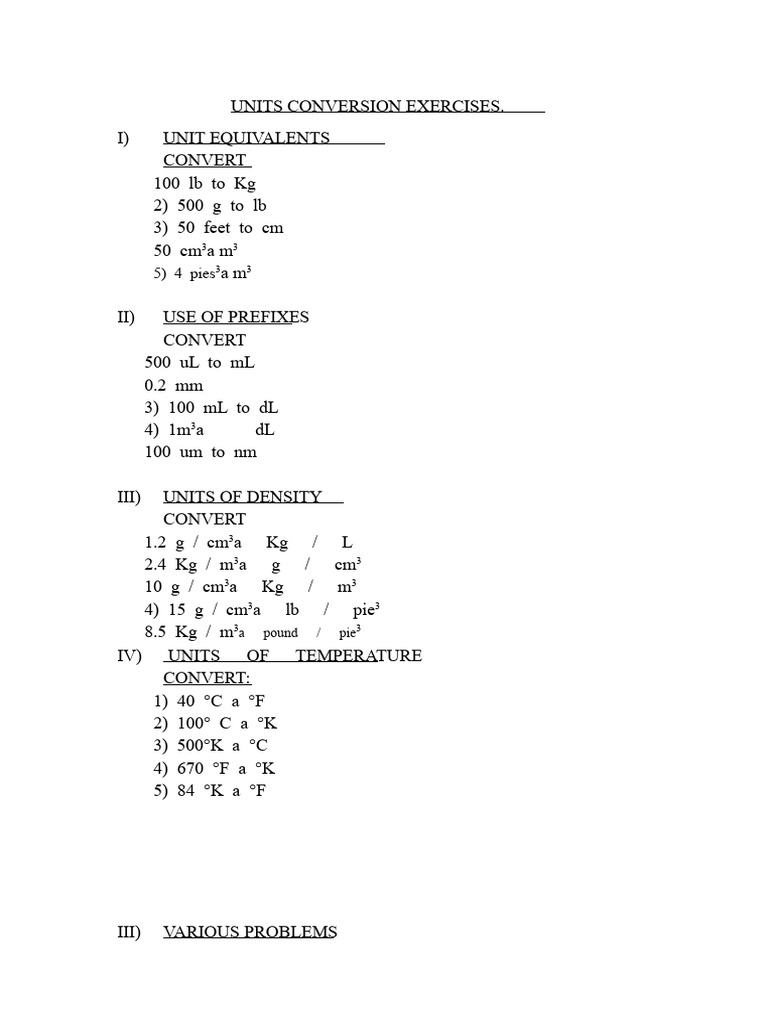 EXERCISES ON UNIT CONVERSION | PDF