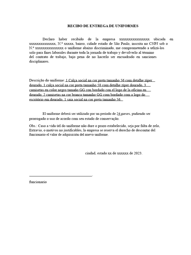 Recibo De Entrega De Uniformes Laborales Pdf