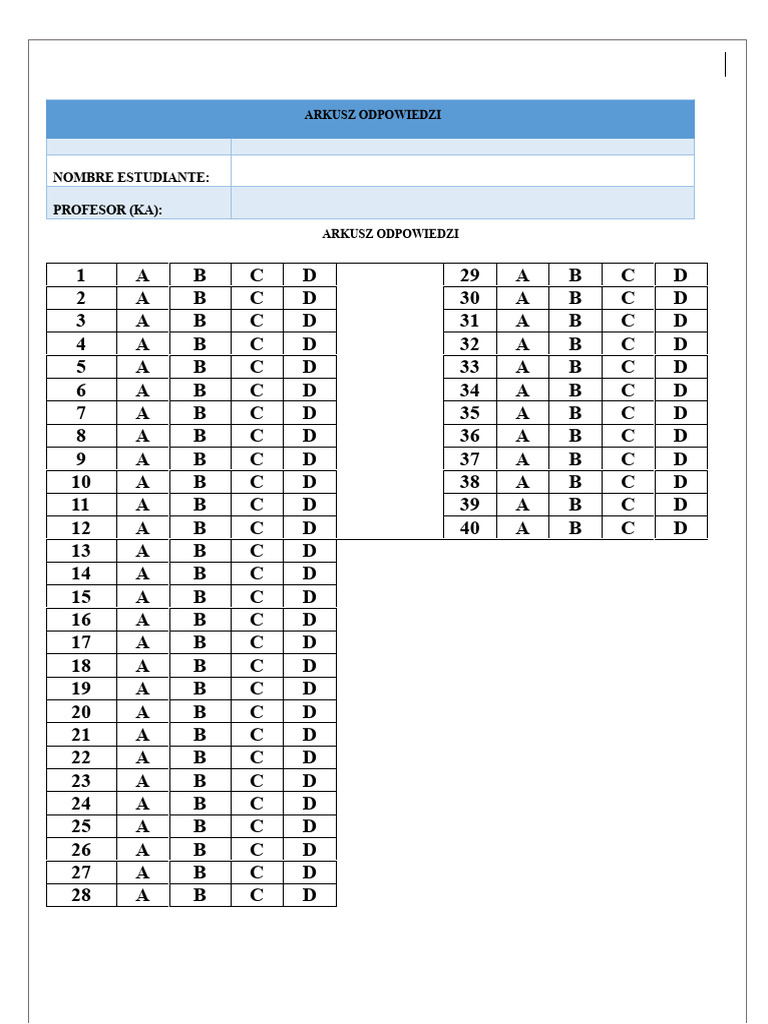 Arkusz Odpowiedzi 40 Pytań | PDF