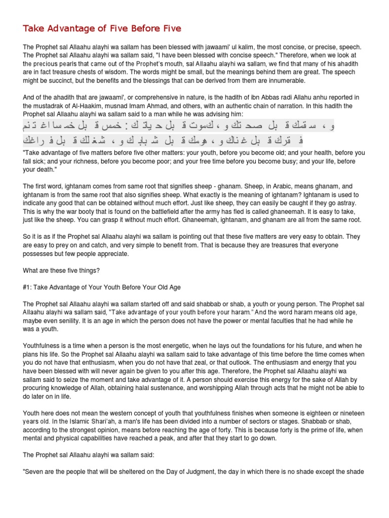 Take Advantage of Five Before Five | PDF | Muhammad | Hadith