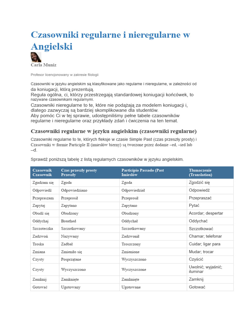 Czasowniki Regularne I Nieregularne W Języku Angielskim | PDF