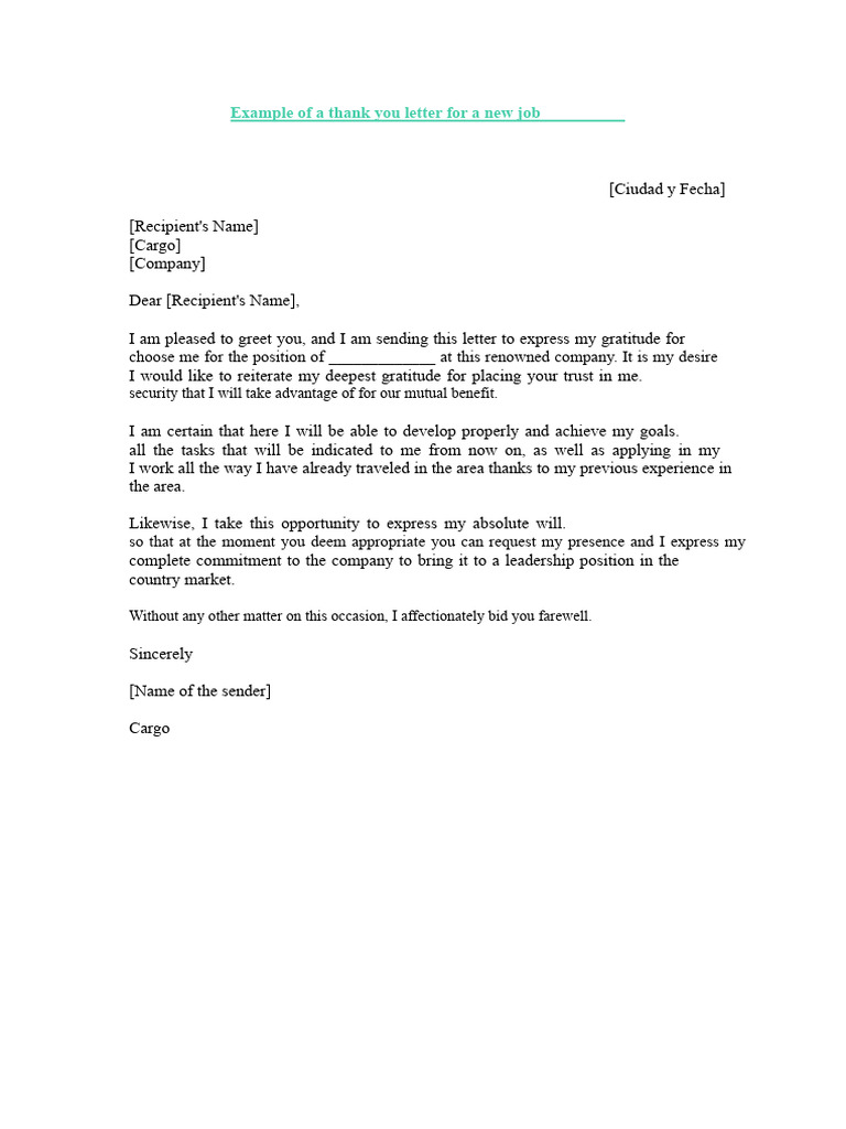Example of A Thank You Letter For A New Job | PDF